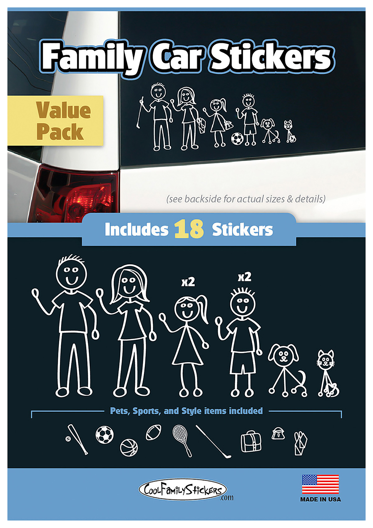 Cool Family Car Stickers - Compact Value Pack - contains 18 stickers
