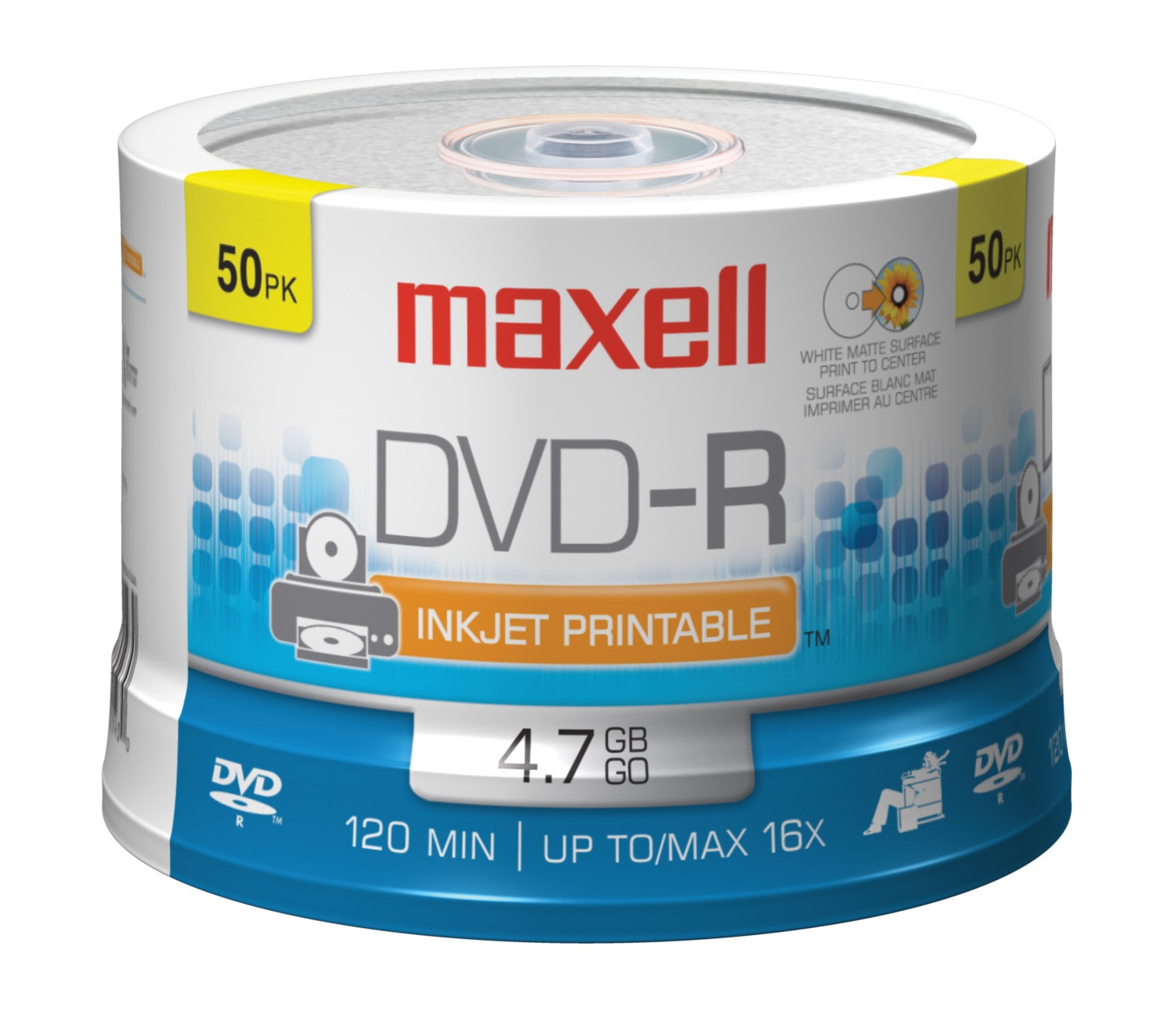 Maxell DVD-R 4.7GB 16x Hub Printable PTC White Matte 50-Pack Spindle