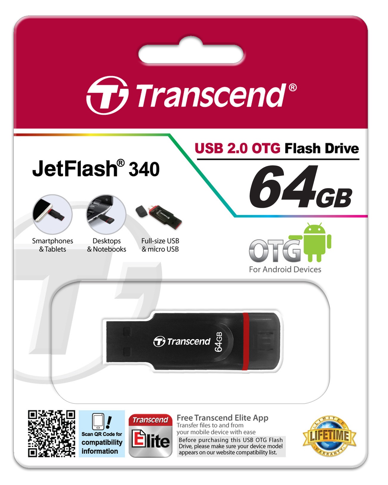 64GB Transcend JetFlash 340 USB2.0 OTG Flash Drive for Android ...